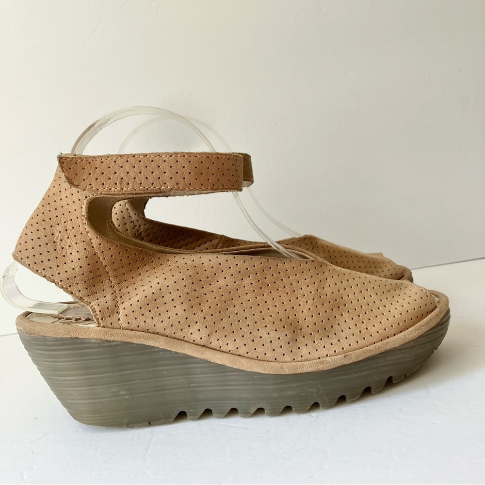 Fly London Tan Yala Perforated Leather Wedge Shoes - Gem